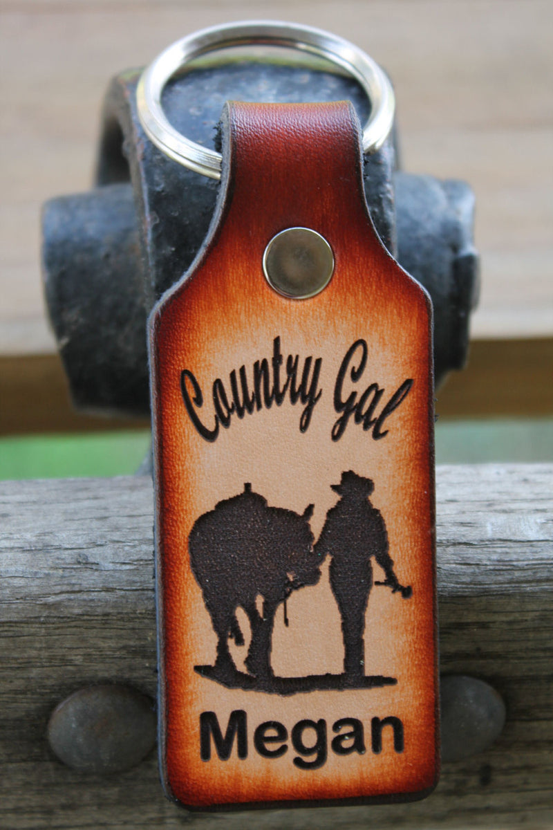 Tooled Leather Keychain with Country Gal-- Girl and Horse-- Name Engra ...